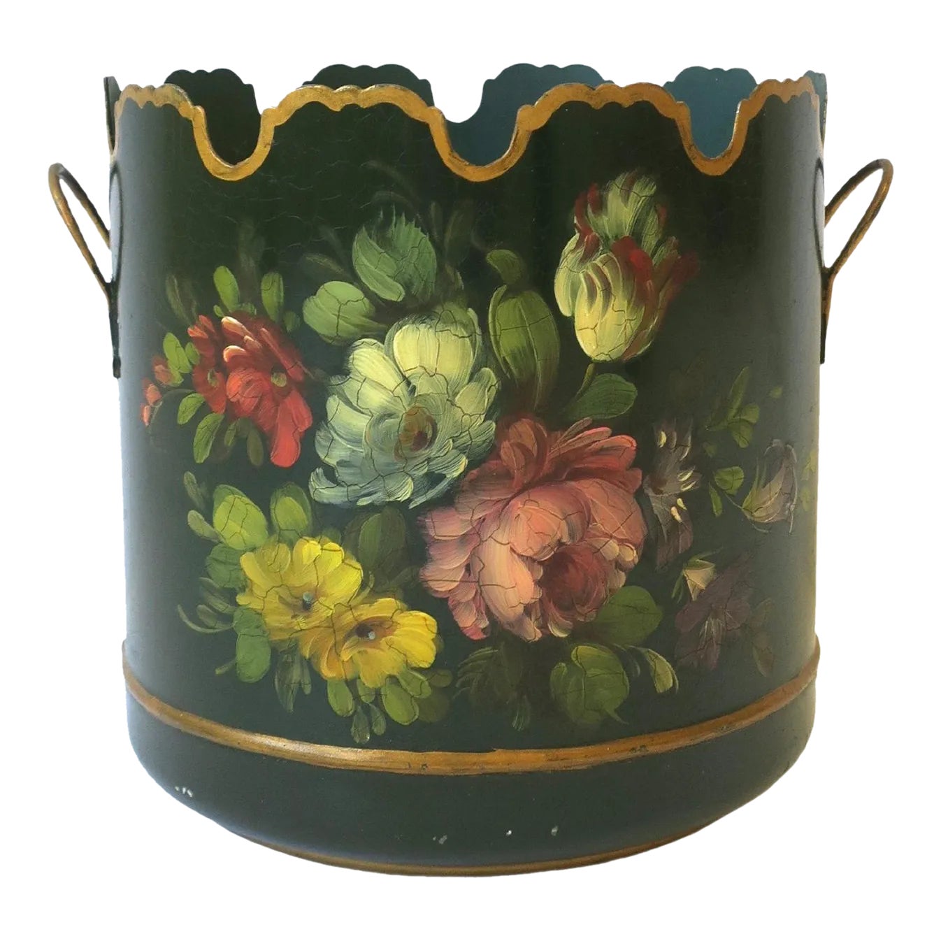 French Tôle Green & Gold Jardinière Cachepot with Scalloped Edge, Early ...