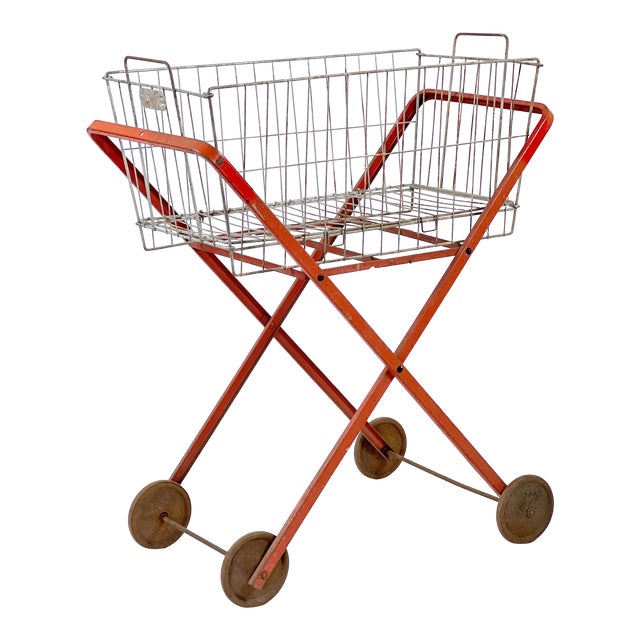 Vintage 1950s Industrial Orange Rolling Folding Laundry Cart With ...