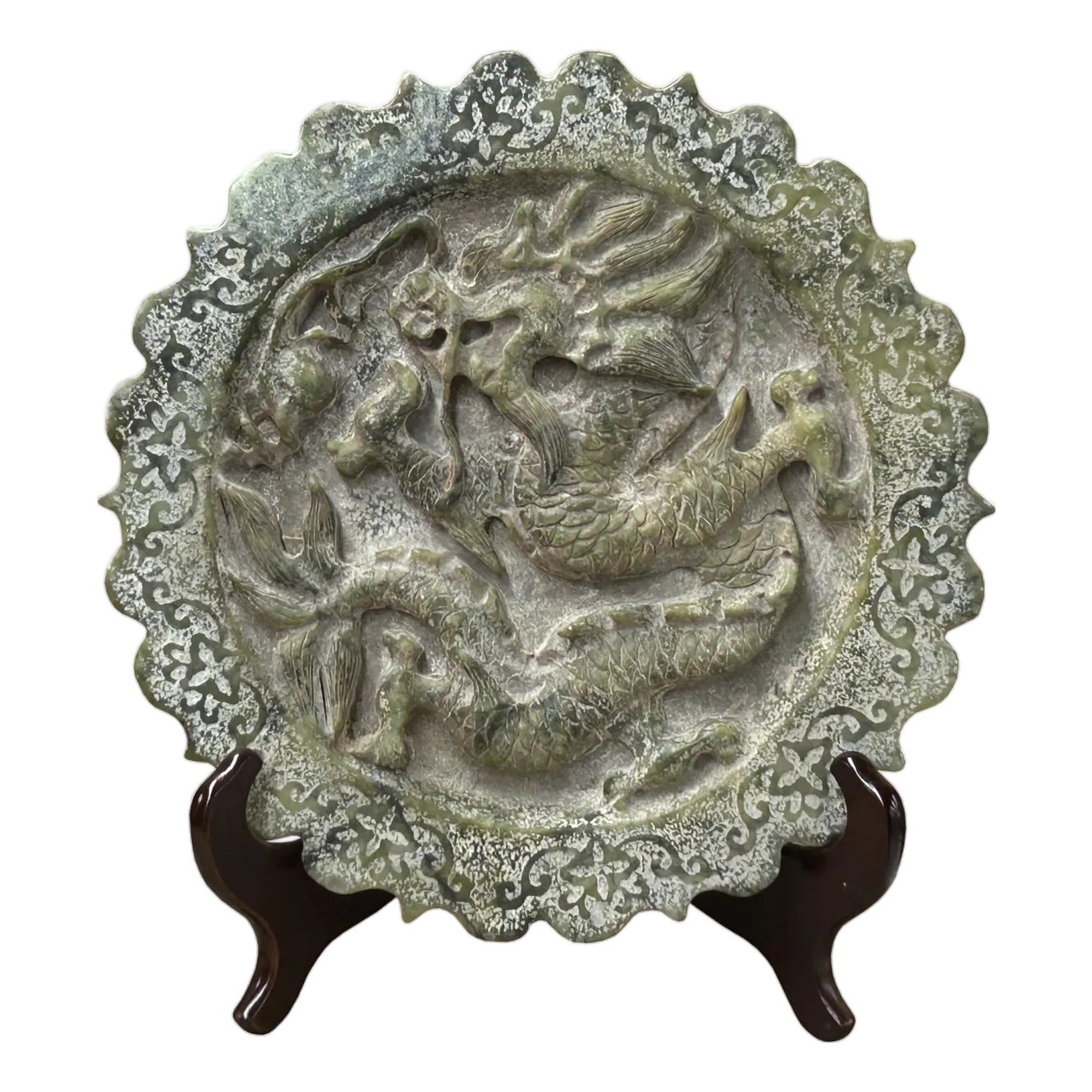 Green Gray Stone Dragon Carving Round Fengshui Plaque Display Art ...