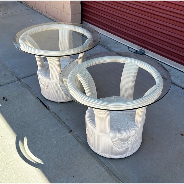 Pair of Post Modern Pencil Reed Glass Top Side Tables | Chairish