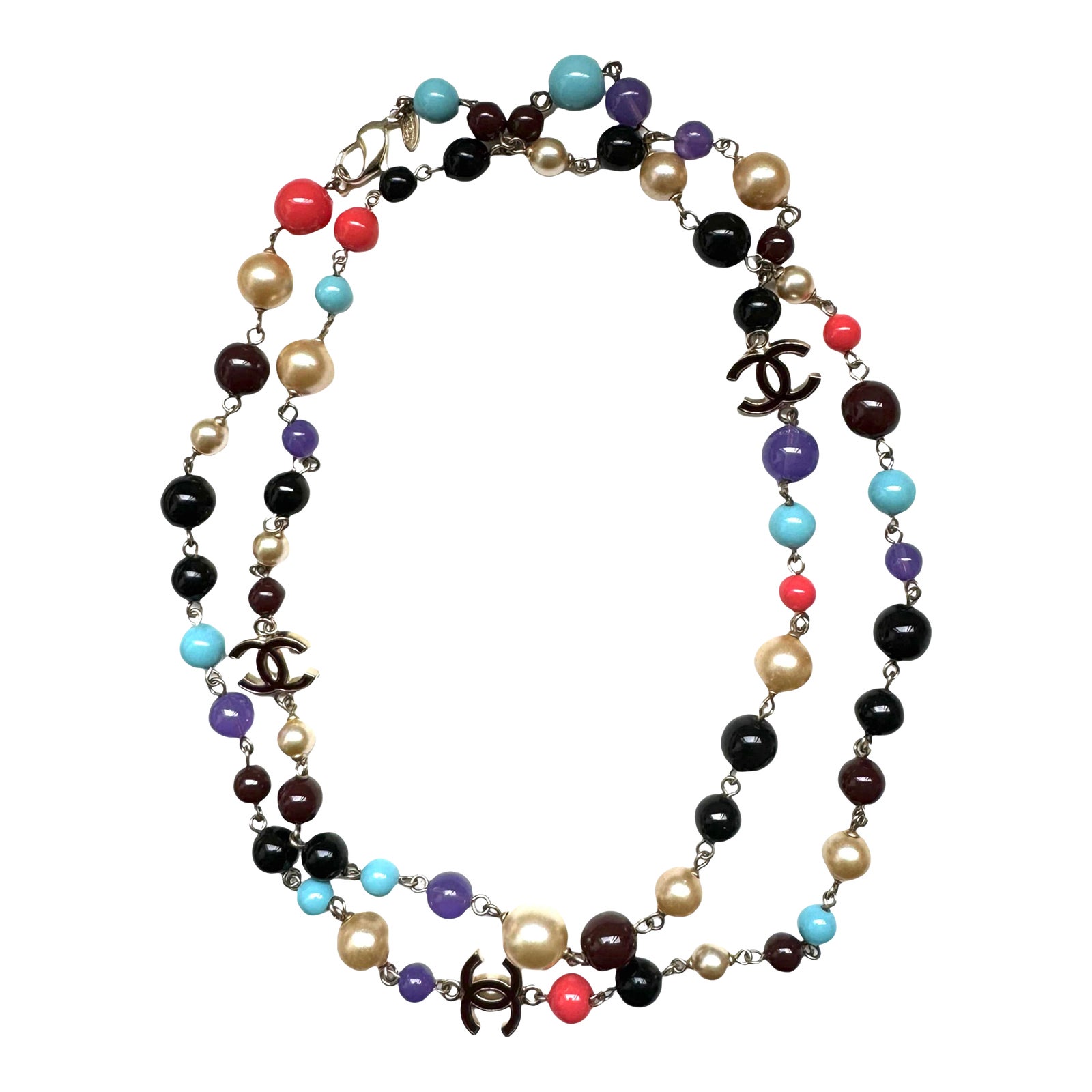 Chanel Long Multicolor Beaded and Faux Pearl Necklace | Chairish