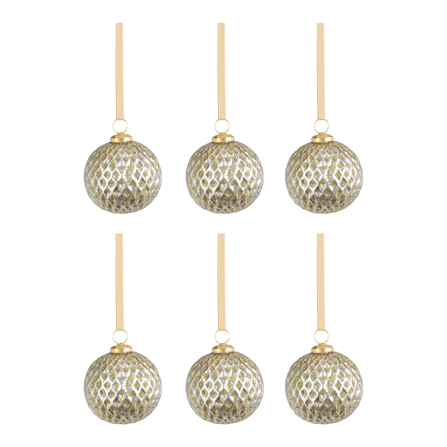 Beehive Silver with Gold Glitter Ball Ornaments, Set of 6, 4" | Chairish