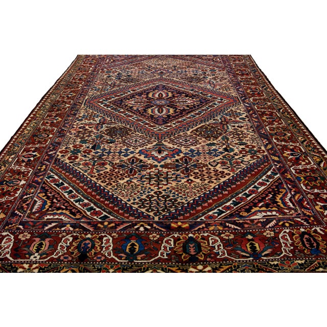 Tan Handmade Persian Bakhtiari Wool Rug With Medallion Design | Chairish