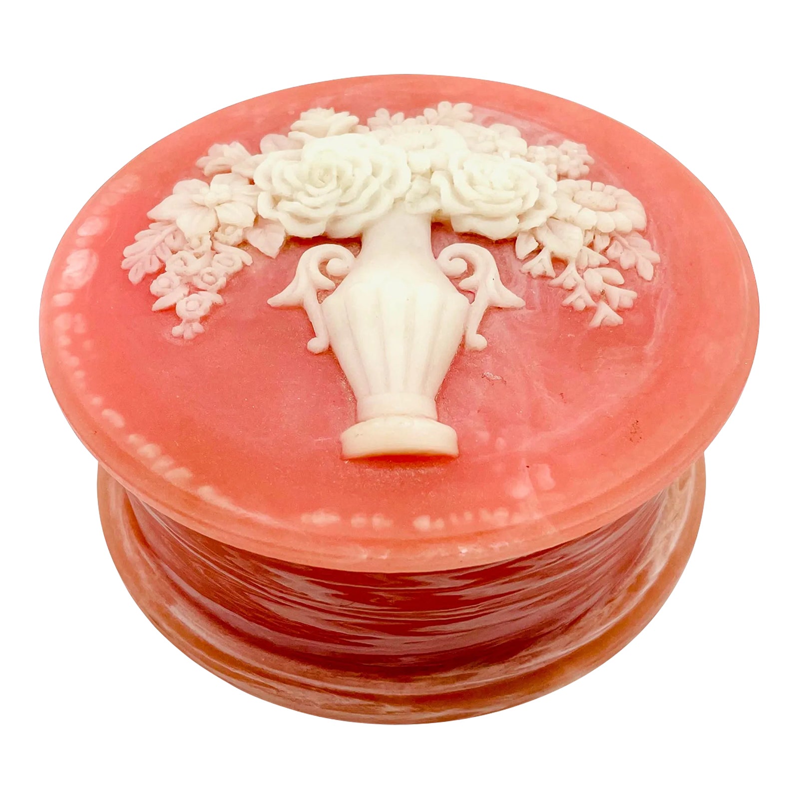 Mid 20th Century Pink Incolay Stone Trinket Box With White Flowers in ...