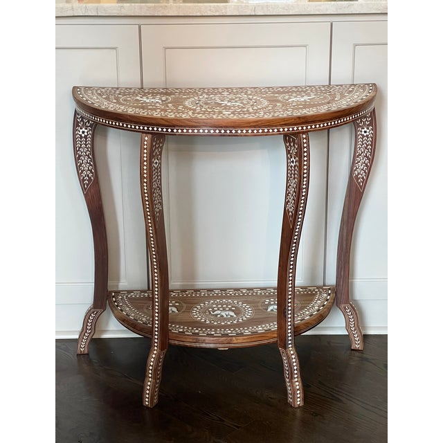Vintage Indian Bone Hand Inlay Elephants Ornate Console Table Demi Lune ...