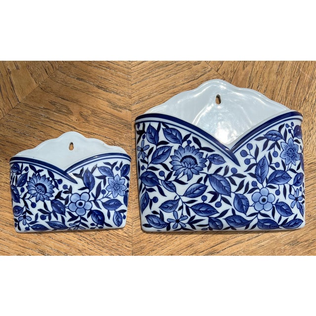 1980s Blue & White Wall Pockets- Set of 2 | Chairish
