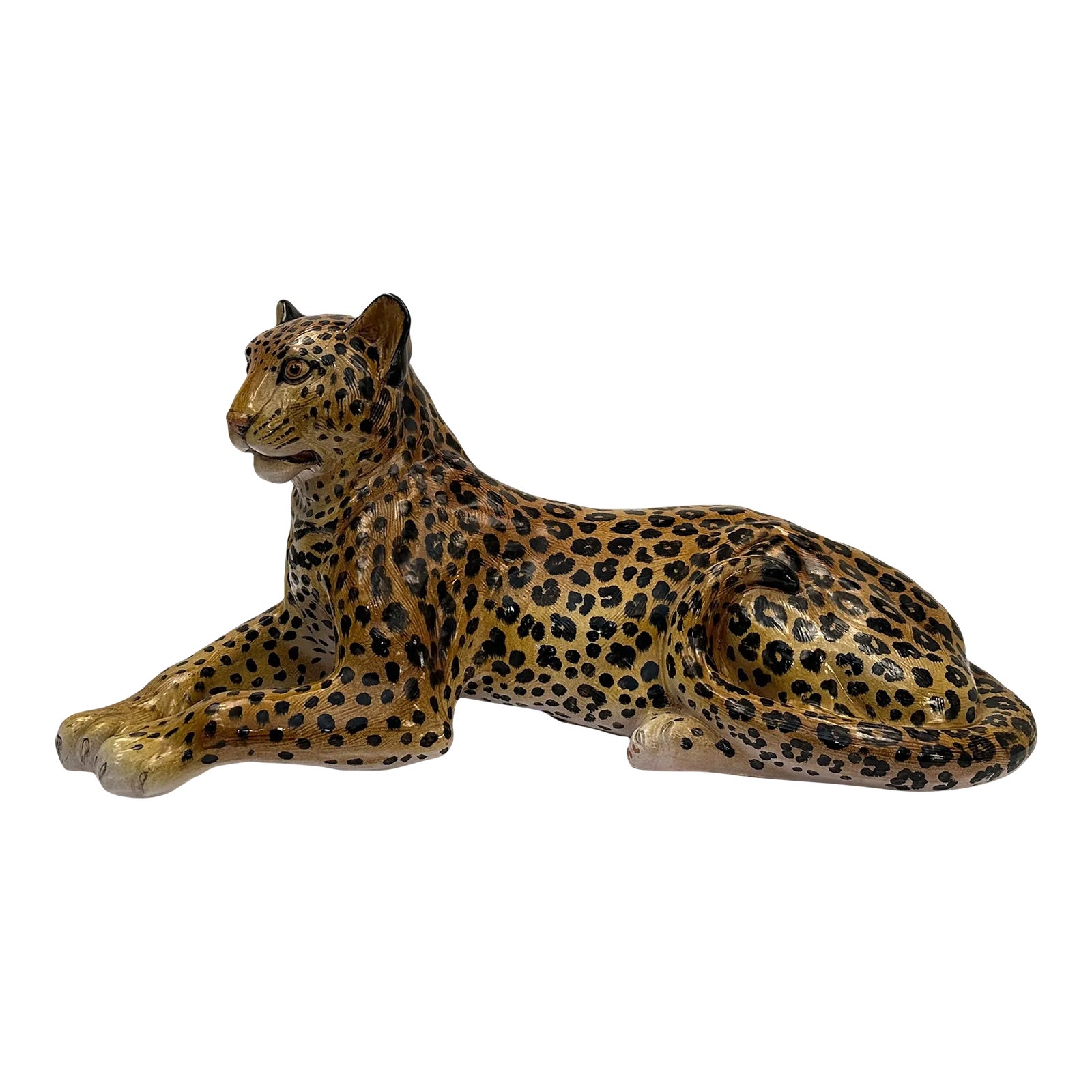 Monumental Italian Glazed Terracotta Leopard Sculpture in Repose | Chairish