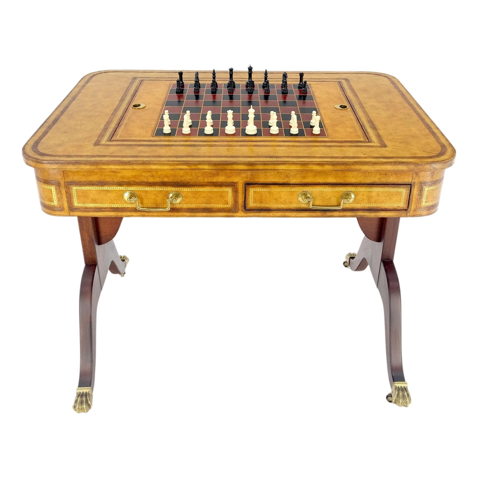 Flip Top Chess Board Backgammon Tooled Leather Top Two Drawers Game Table | Chairish