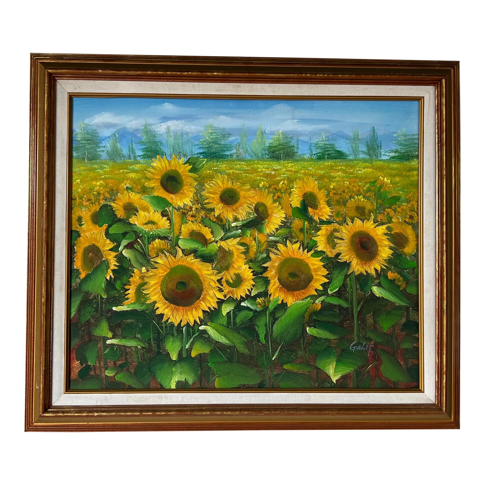 70's Vintage Galit Sunflowers Field Landscape Painting | Chairish
