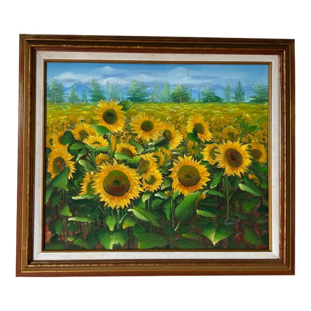 70's Vintage Galit Sunflowers Field Landscape Painting | Chairish
