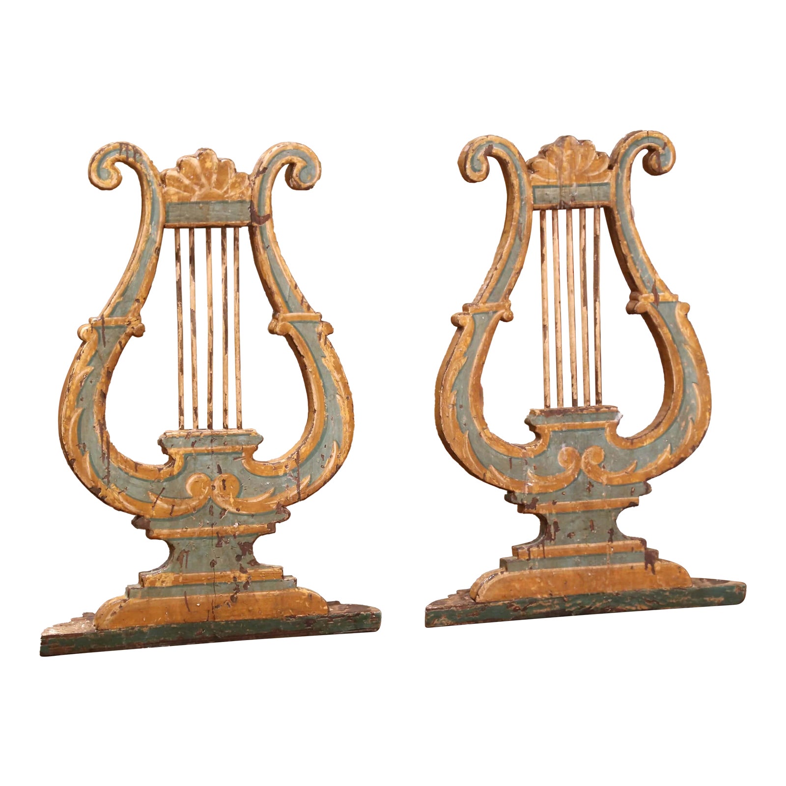Pair of 18th Century Italian Giltwood and Polychrome Lyre-Form ...