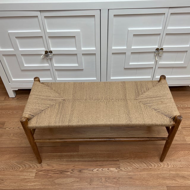 Natural Teak Wood and Rush Bench | Chairish