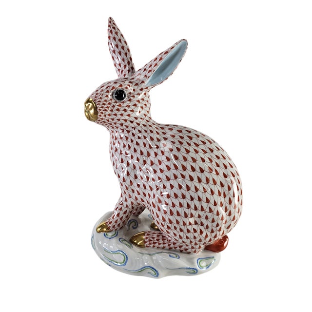 Large Herend Rabbit Fishnet Rust Red #5334 Figurine | Chairish