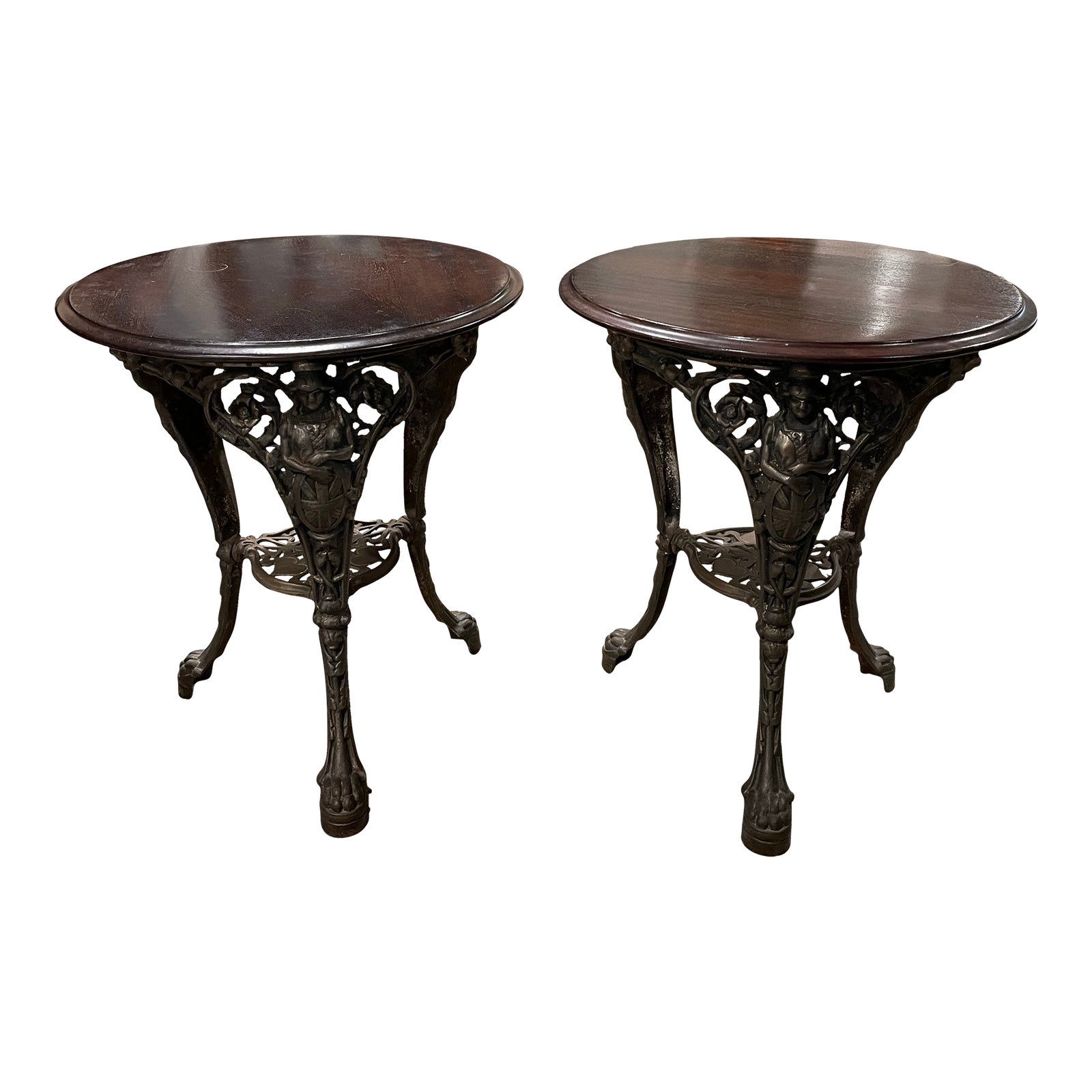 Pair of Antique Cast Iron Round Side Tables With Mahogany Tops, Circa ...