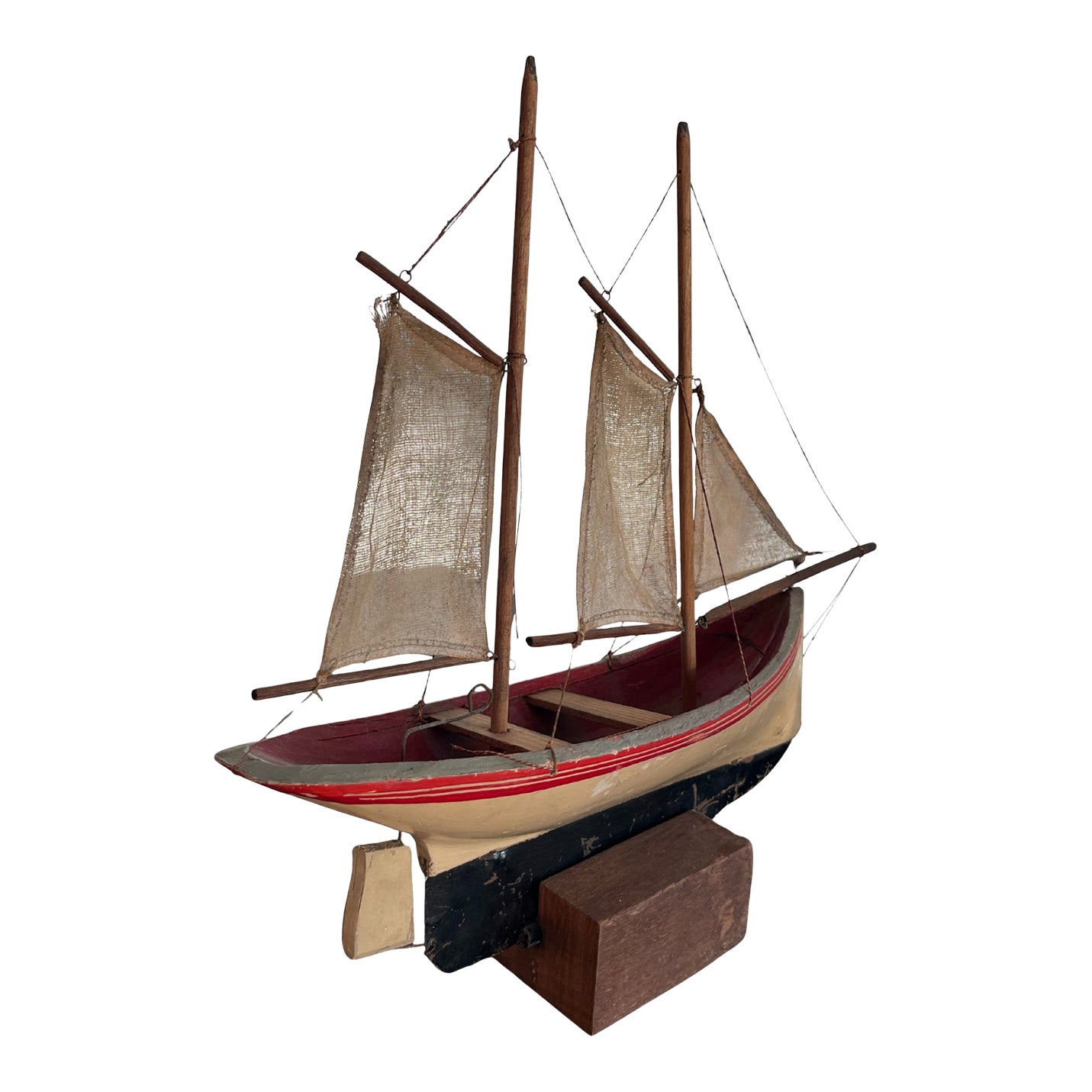 Antique Hand-Carved Wooden Ship Model With Linen Sails, Folk Art | Chairish