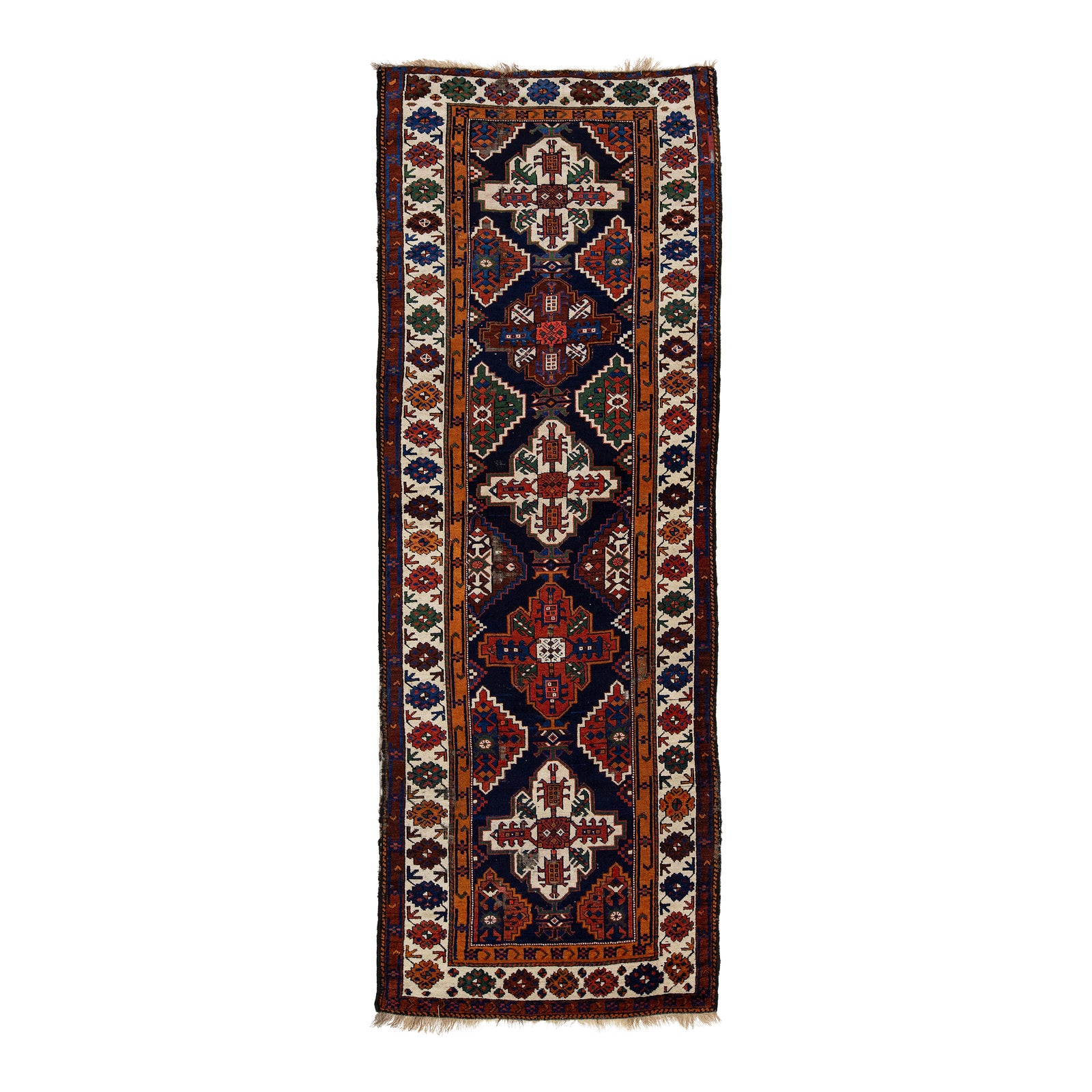 Handmade Caucasian Geometric Wool Rug in Blue | Chairish