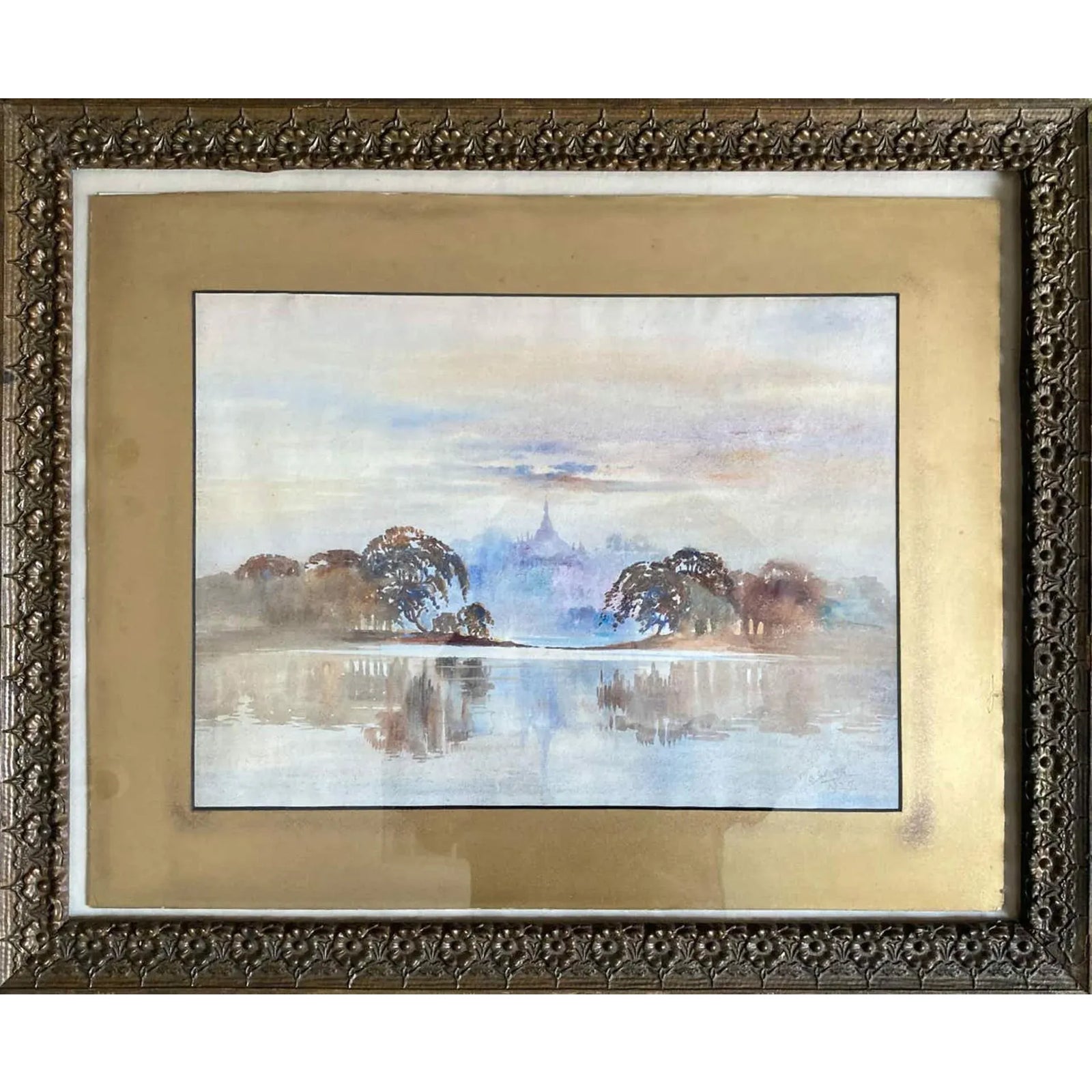 "Lake Scene" - Early 20th Century Watercolor Seascape Painting by m.c ...