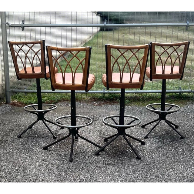 Vintage MCM Boho Rattan and Metal Orange Vinyl Swivel Bar Stools - Set ...