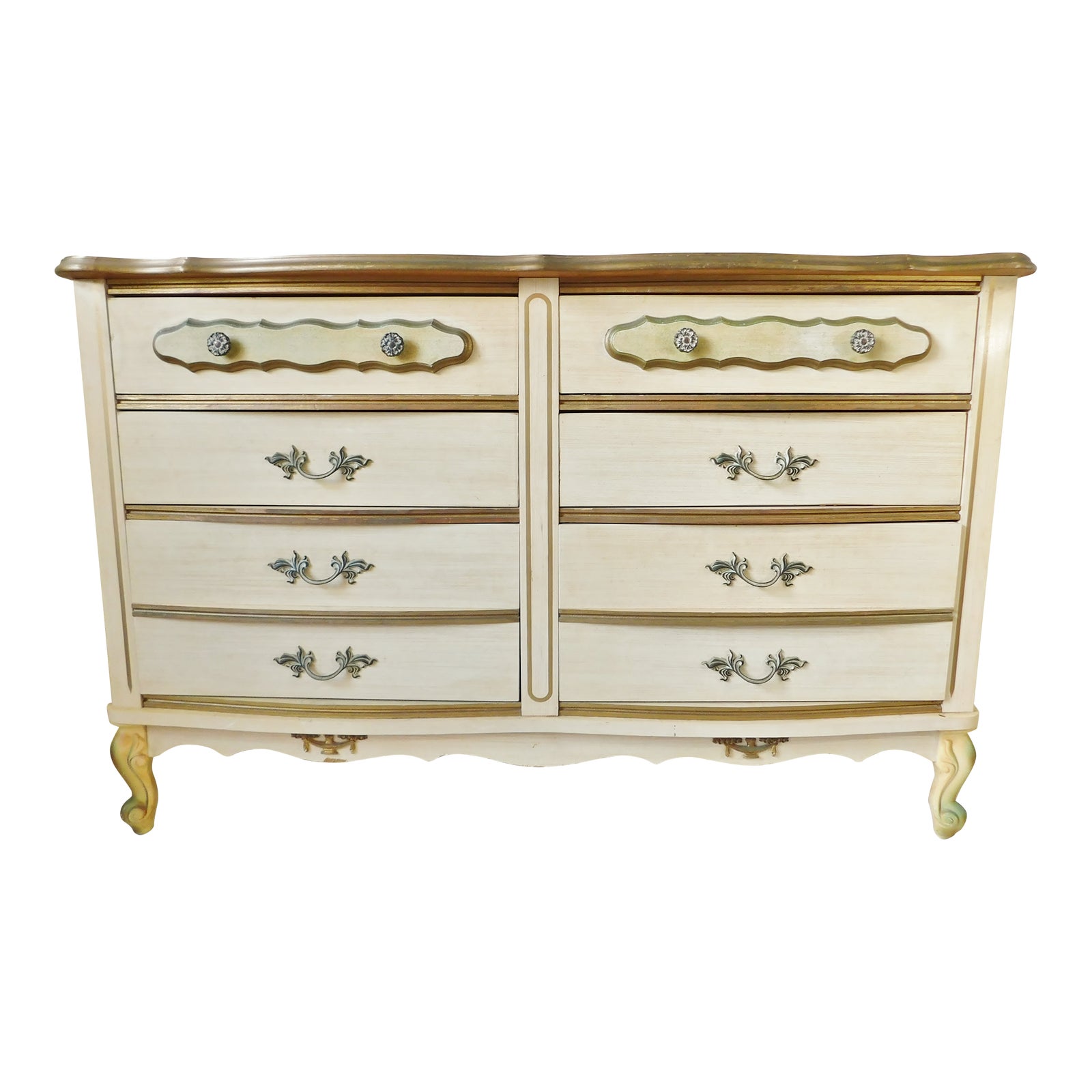 Vintage Mid Century French Provincial Ivory & Gold Wood Six Drawer ...