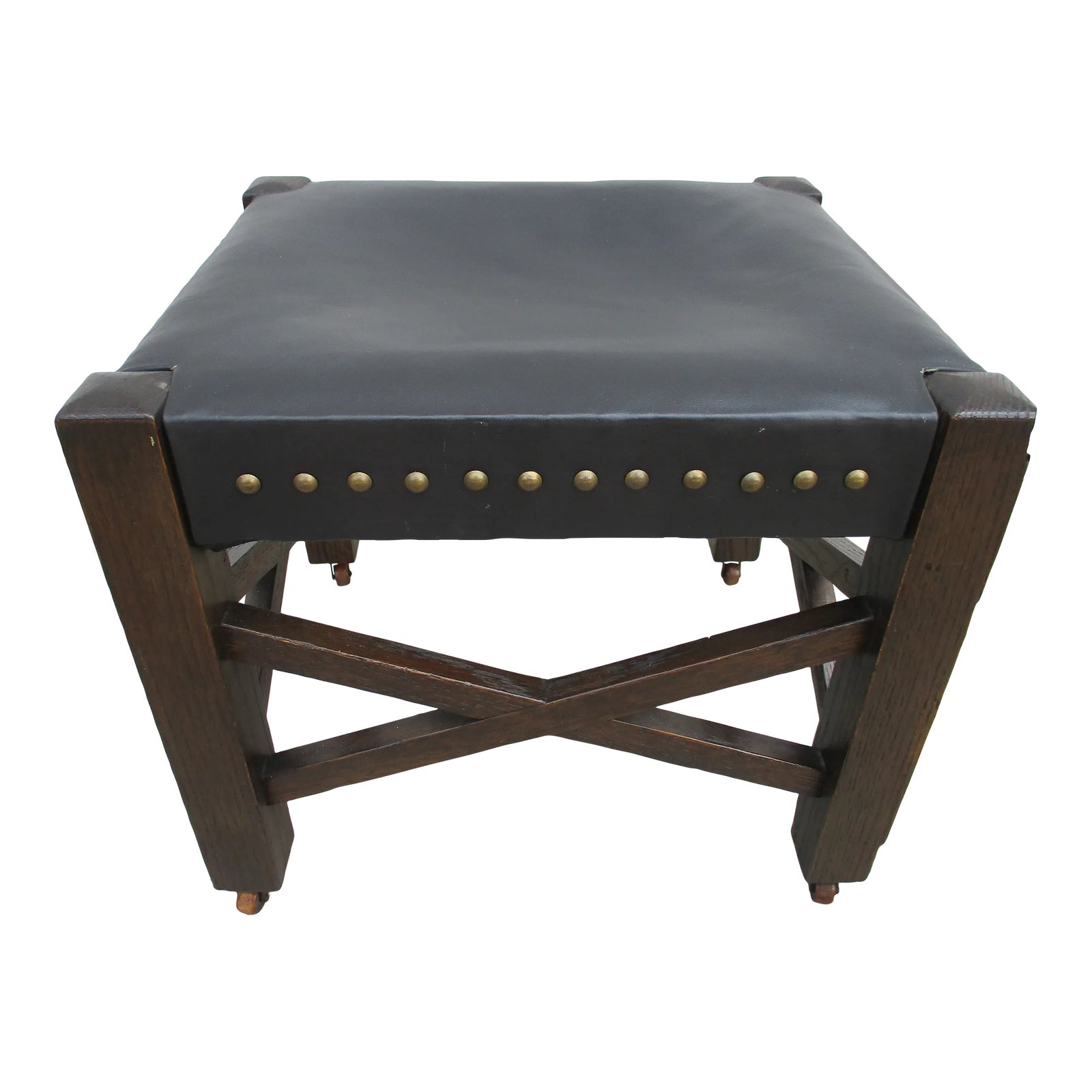 Mission Arts & Crafts Style Black Leather Footstool on Wooden Casters ...