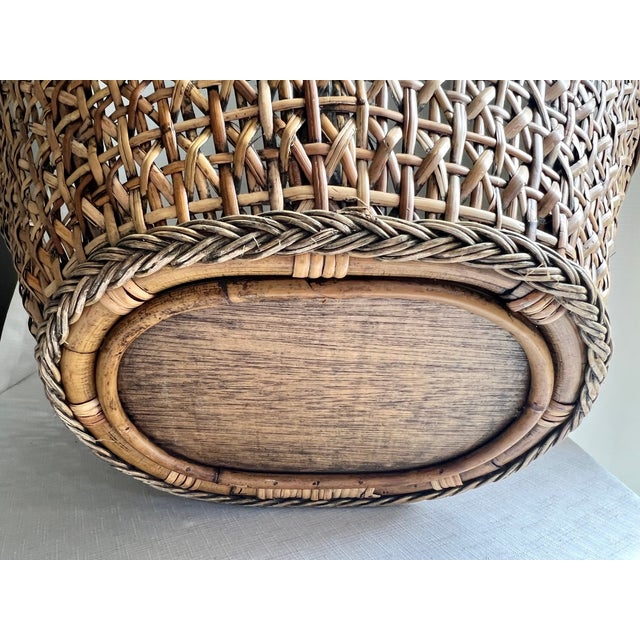 Vintage Tortoiseshell Bamboo and Woven Rattan Basket | Chairish