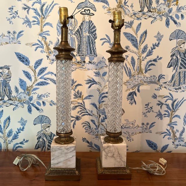 Vintage Neoclassical, Cut Crystal and Marble Column Lamps a Pair | Chairish