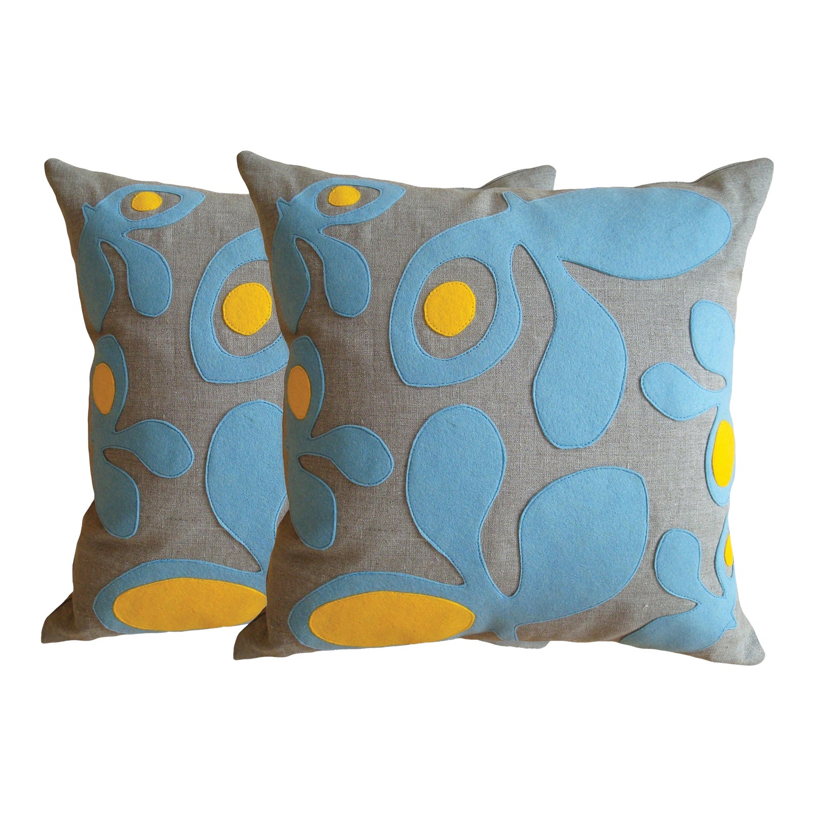 Set of 2 Pods Pillows – Blue & Yellow Felt Appliqué on Linen | Chairish