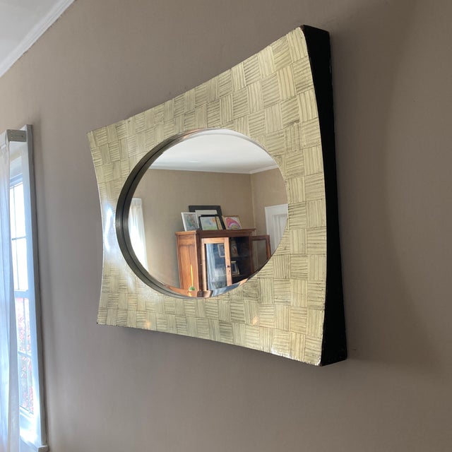 Vintage Large Box Veneer Frame Concave Beveled Wall Mirror | Chairish