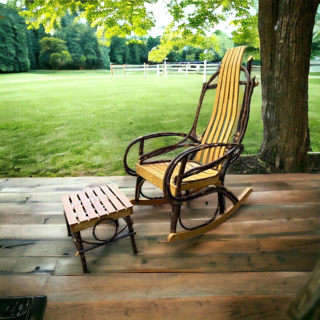 Amish Craftsmanship Bentwood Hickory and Oak Slat Rocker With Footstool ...