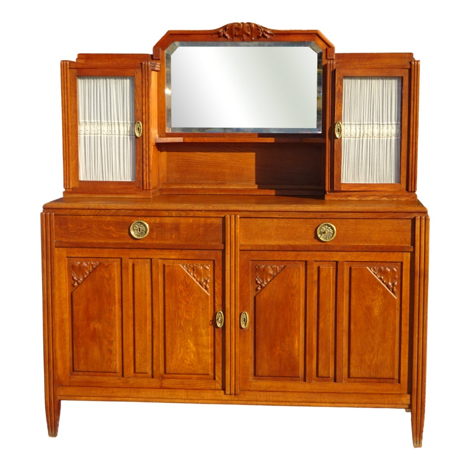 Vintage Oak Buffet with Sentry Boxes and Mirror | Chairish