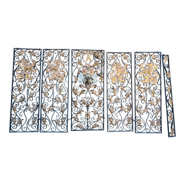 1940s Iron Gates With Gold Leaf Detailing and Iron Shield With Unicorns ...