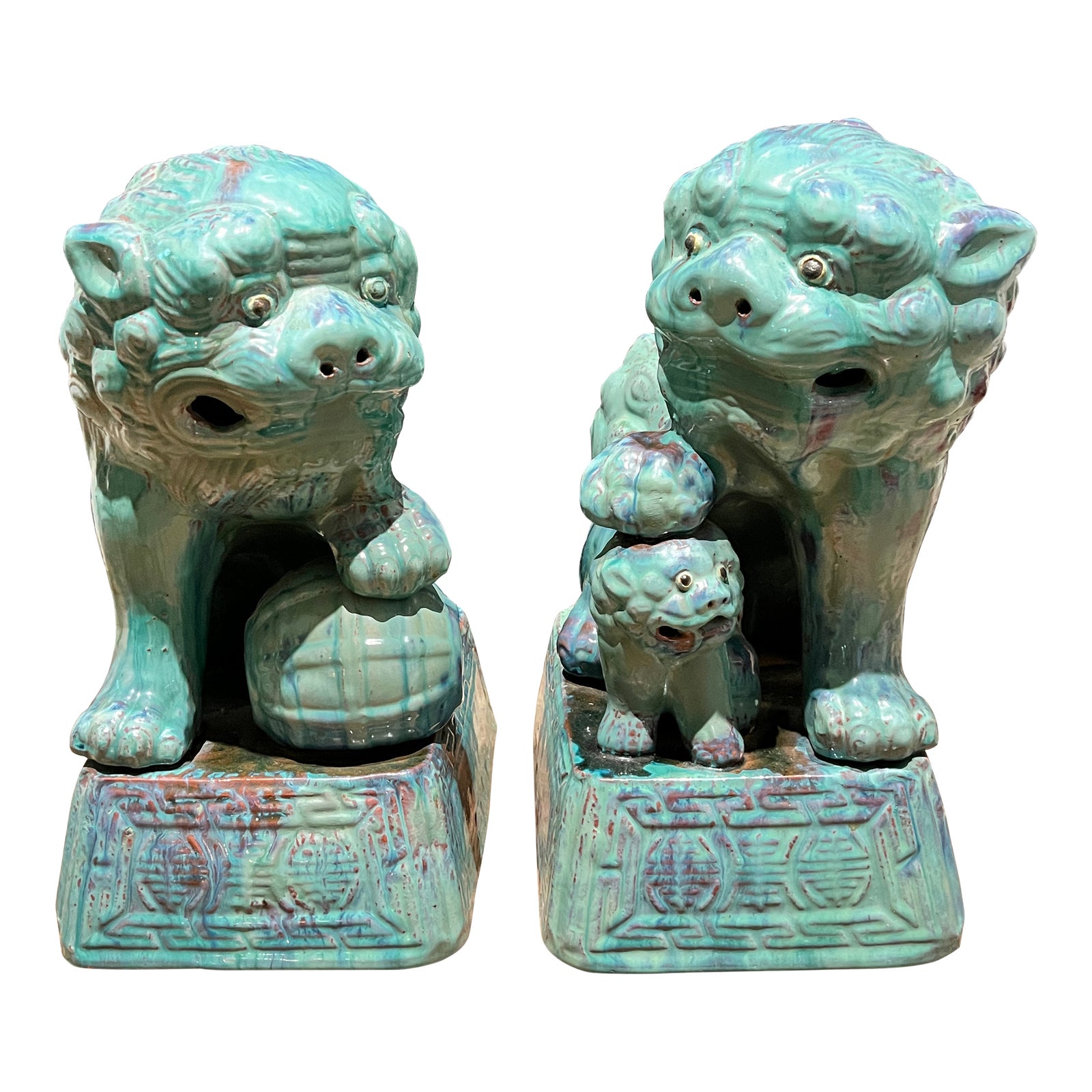 Turquoise Ceramic Foo Dog Statues Mid 20th Century Tony Duquette - Set ...