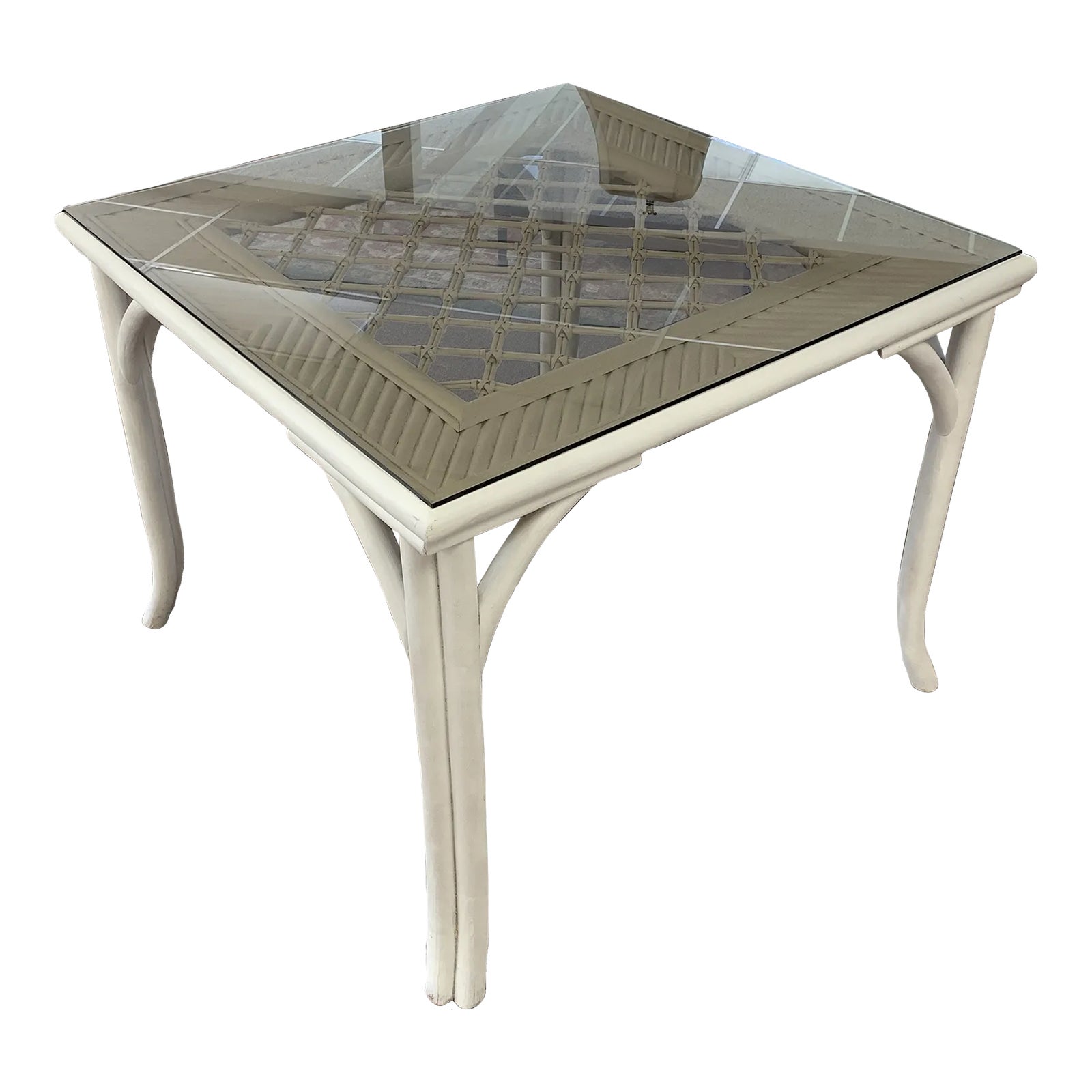 1970s White Rattan Table With Smoked Glass Top | Chairish