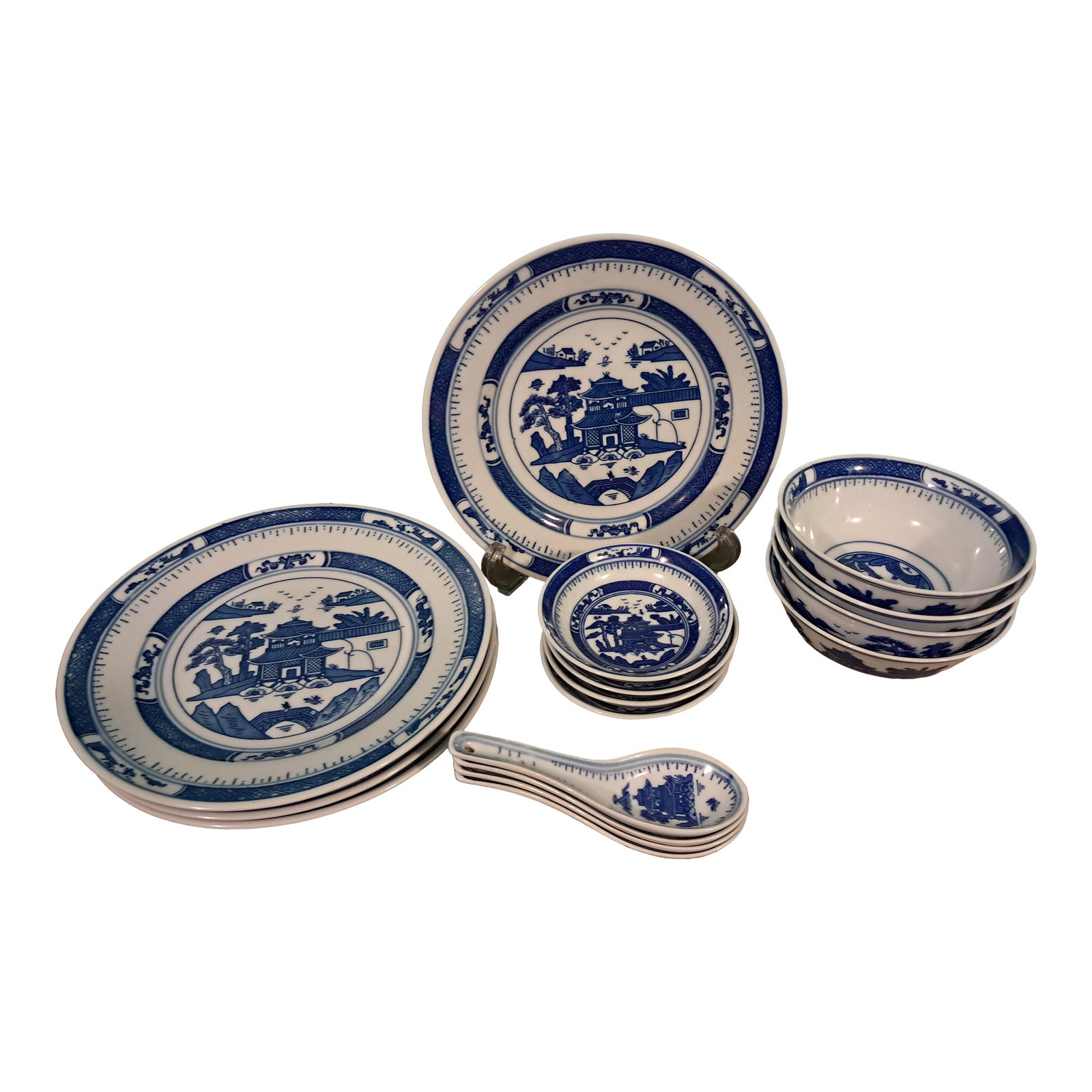 1990s Jingdezhen Blue and White Pagoda Design Dining Ware Set for 4 ...