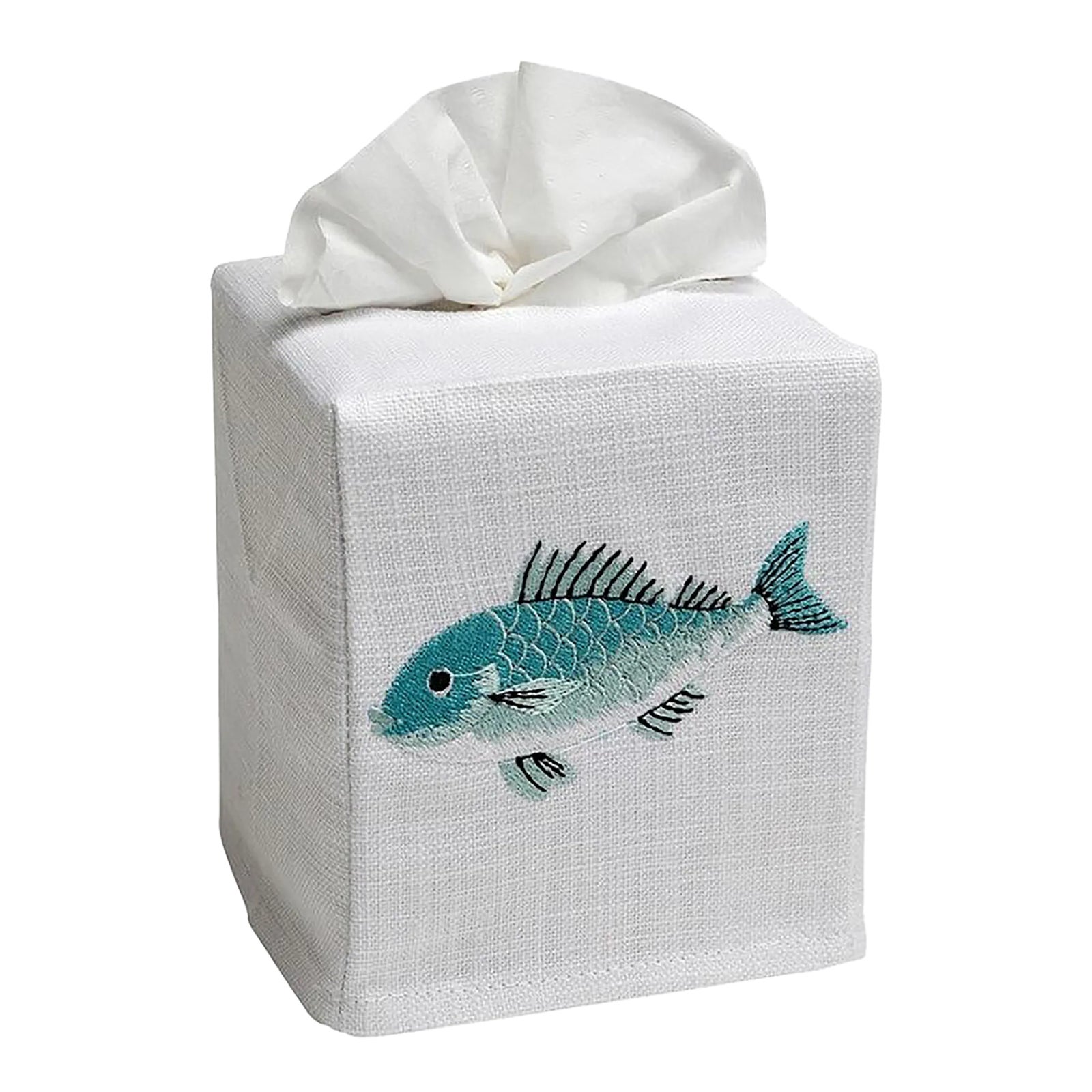 Aqua Swimming Fish Tissue Box Cover in White Linen & Cotton ...