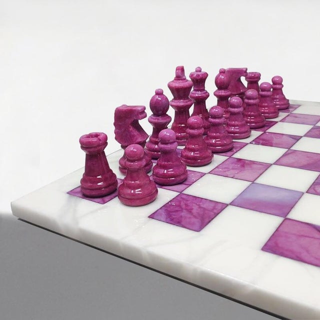 1970s Pink and White Chess Set in Volterra Alabaster Handmade Made in ...