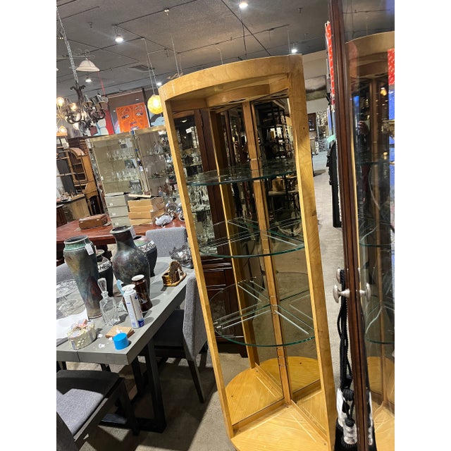 1970s Maple Burlwood Corner Curio Cabinet | Chairish