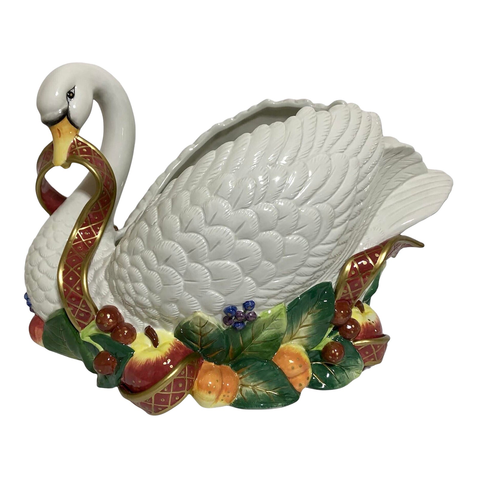 Retired Fitz and Floyd Large Holiday Swan With Fruit Centerpiece | Chairish