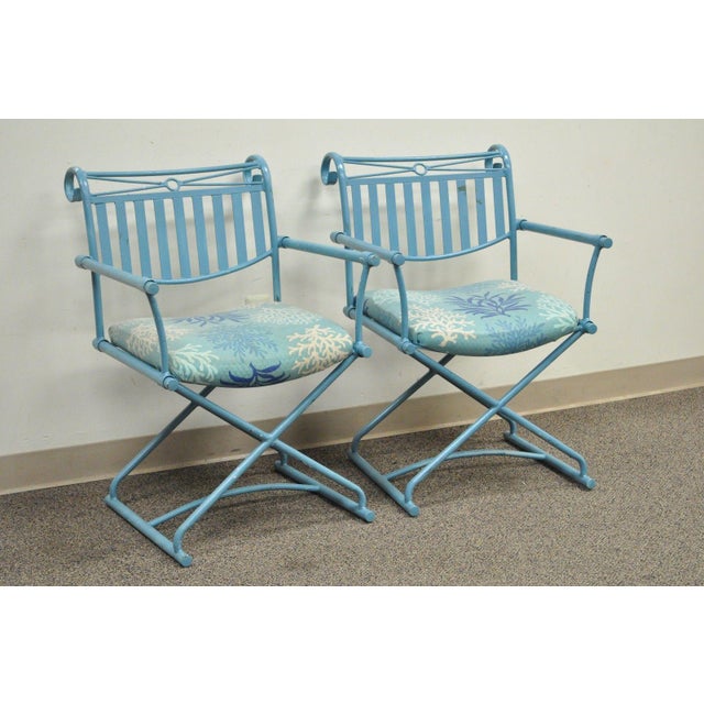 Vintage Hollywood Regency X-Form Blue Iron Curule Directors Armchairs ...