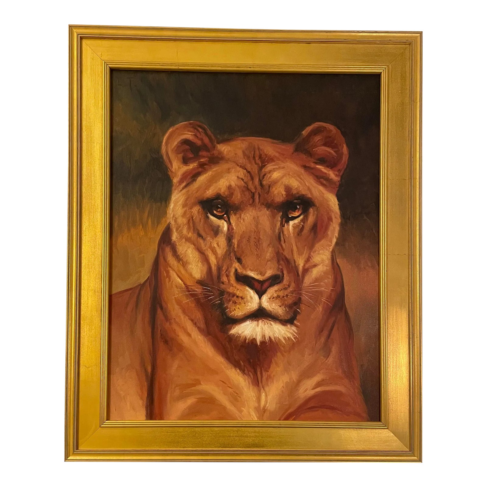 Original Oil Painting of Lioness in Vintage Frame | Chairish