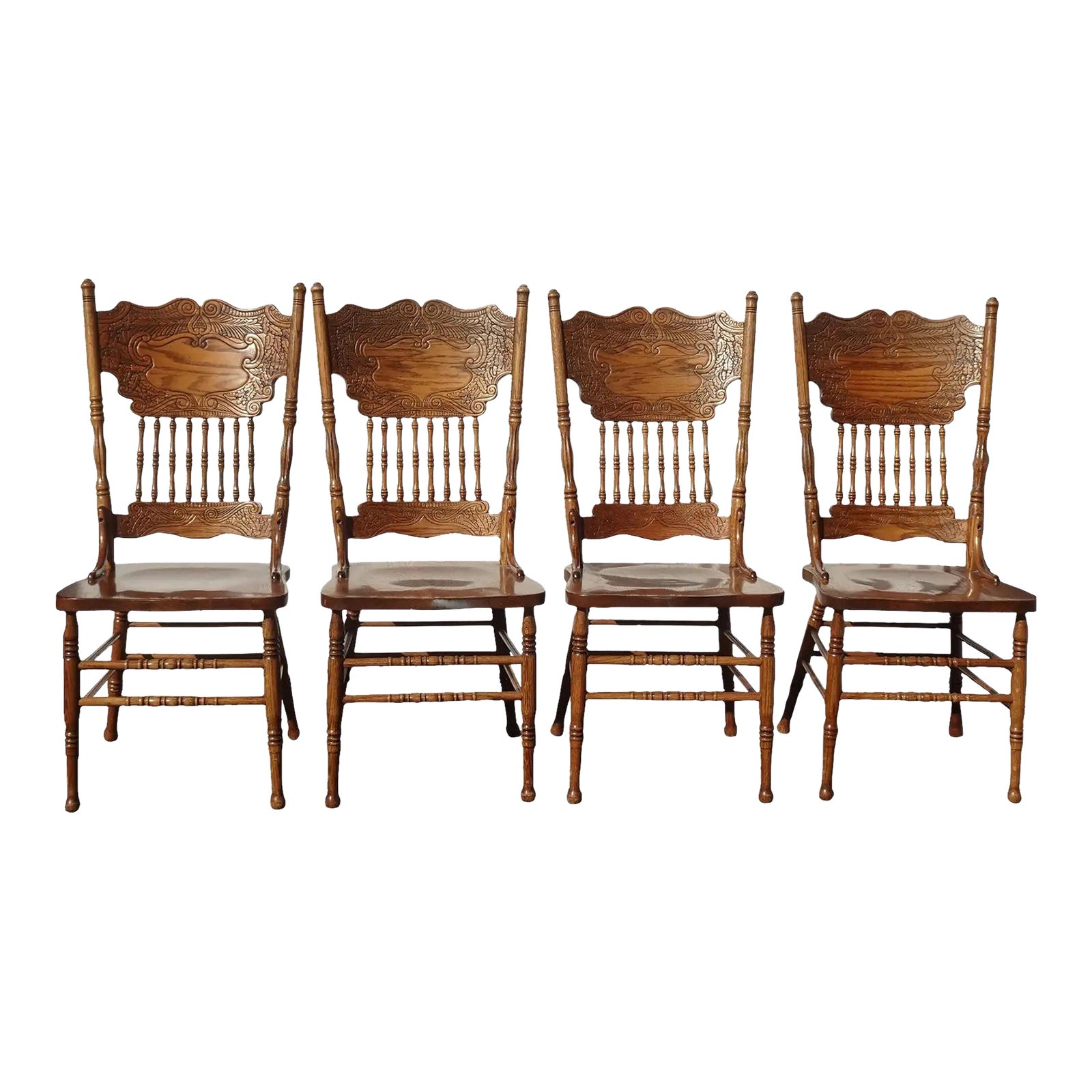 1980s Solid Wood Pressed Back Dining Chairs- Set of 4 | Chairish
