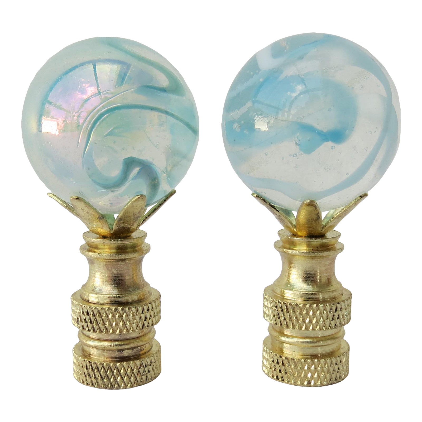 Iridescent Sky Blue and White Swirl Murano Glass Ball Finials, a Pair ...