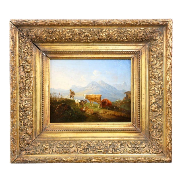 German School Mountainscape Sheep and Cattle Oil Painting, 19th Century ...