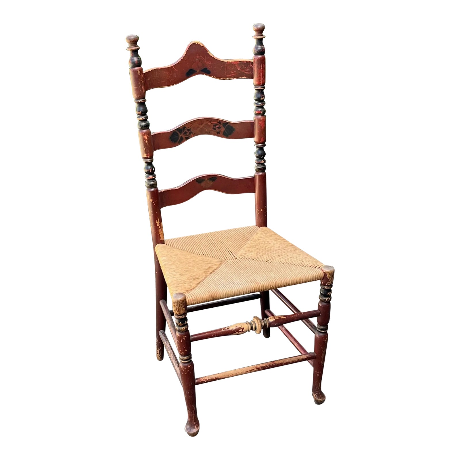 Tall Antique Stenciled Ladderback Side Chair | Chairish