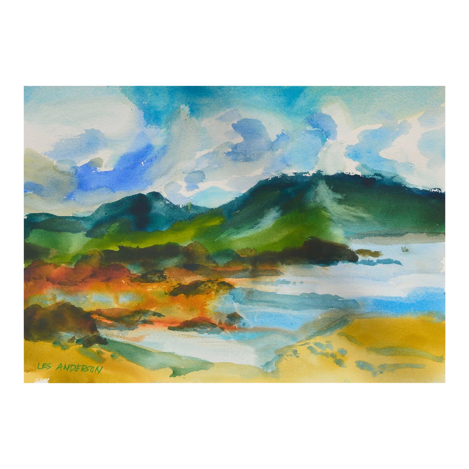 Vintage Lake & Mountains Watercolor Landscape by Les Anderson | Chairish