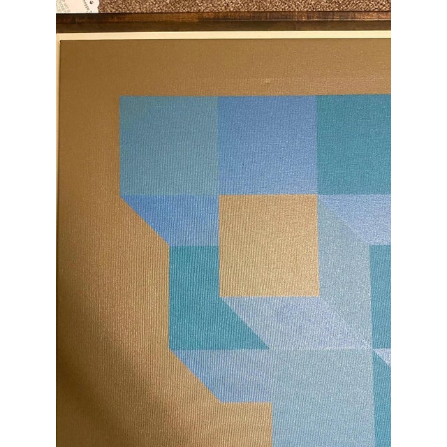 Vintage Op Art Blue Geometric Screenprint on Canvas Mid Century Modern ...