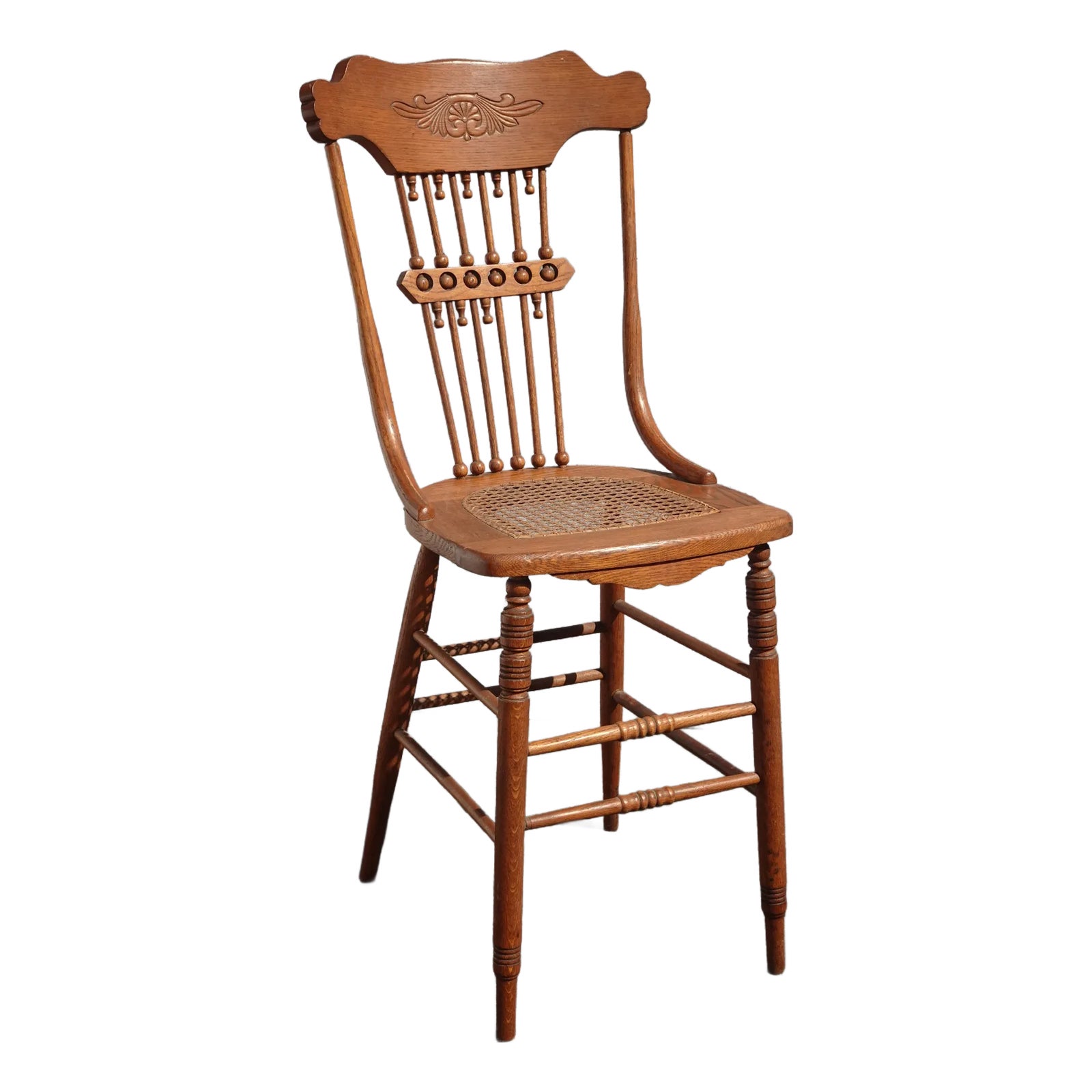 Antique Oak Cane Barstool Counter Stool French Country W Unique Spindle ...