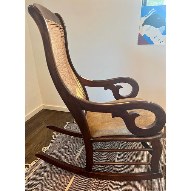 1970s Vintage Walnut Rocking-Chair With Cane Back and Suede Upholstered ...