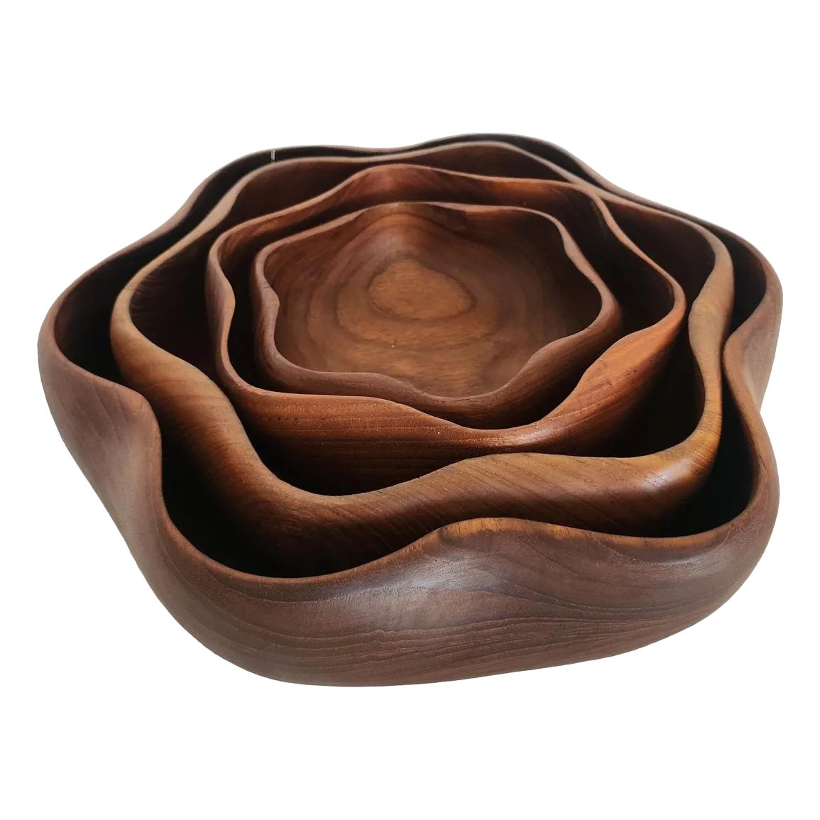 1970s Hand Carved Teak Wood Nesting Bowls, Set of 4 | Chairish