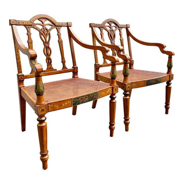 Pair of Vintage Adams Style Satinwood Hand Painted Cane Bottom Arm ...